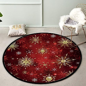 BVOGOS Round Rug 3ft Red Gold Black Christmas Snowflakes Soft Foam Washable Circle Rugs Kids Play Mat Nursery Rug Floor Carpet for Bedroom Living Room Home Decor