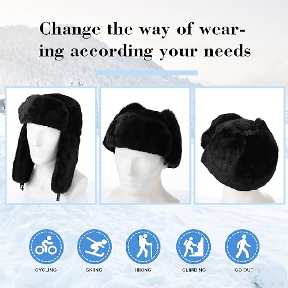 Twistover 2 Pcs Trapper Hat Furry Ushanka Russian Hat Warm Fluffy Hat Windproof Winter Hat Earflap Ski Hunting Hat Men Women(Black)