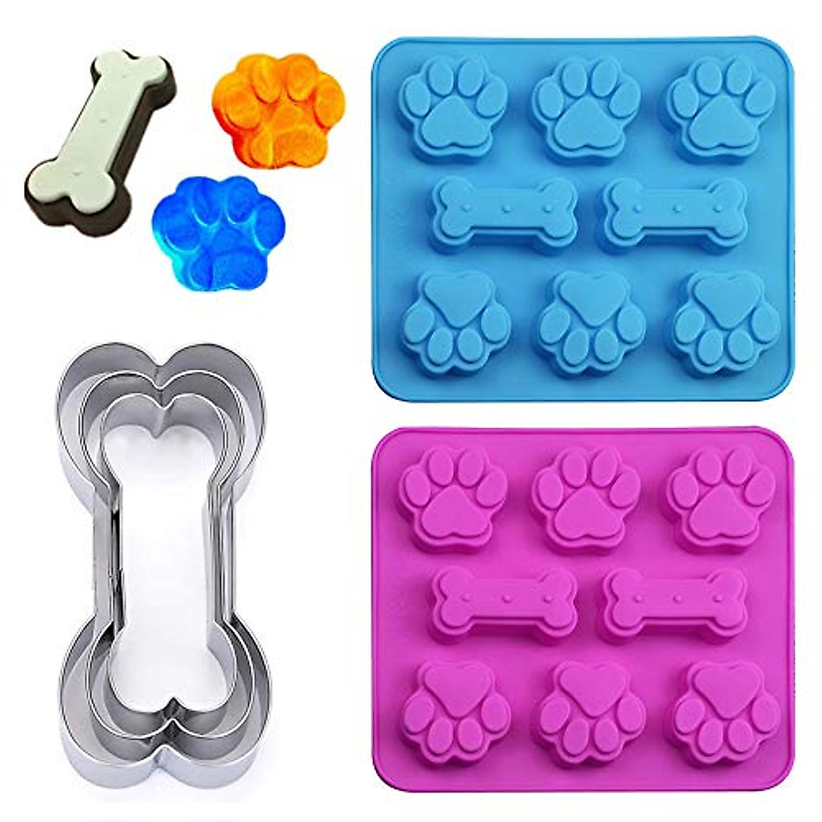 Set of 5, 2 Packs Silicone Molds Puppy Dog Paw & Bone Shaped 2 in 1 and 3 Packs Stainless Steel Bone Cookie Cutter,for Homemade Treats and Cat Animal Paw Ice Candy Chocolate Baking Mold (Blue&Pink)