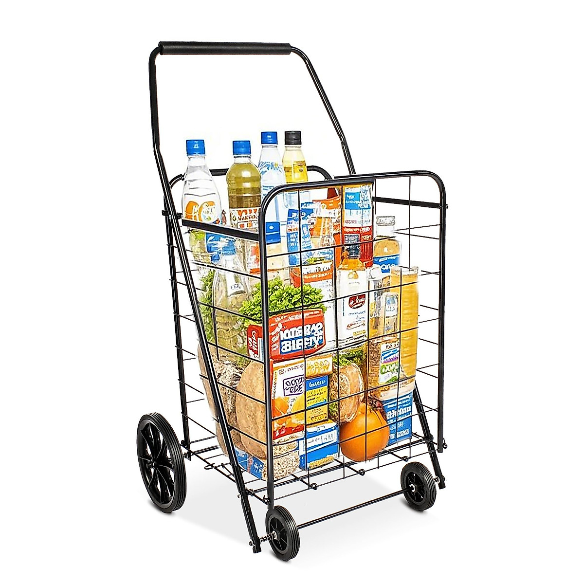 LUCKYERMORE Folding Grocery Shopping Cart with Durable Wheels Collapsible Large Metal Utility Cart for Daily use, Black