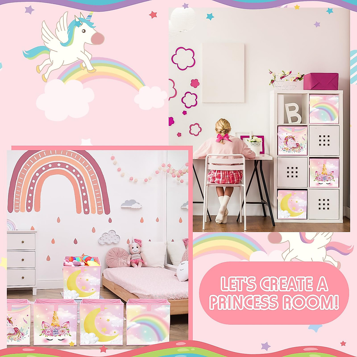 Geetery 8 Pack Cube Storage Bin 11 x 11 Inch Fabric Foldable Storage Organizer with Handles for Kids Toy Box Cube Baskets for Home, Kids Room, Closet, Nursery Room, Bedroom (Pink,Unicorn)