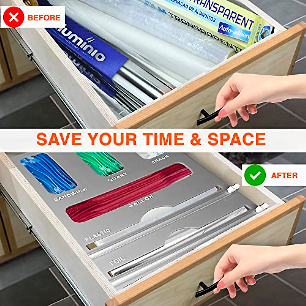 Acrylic Ziplock Bag Storage Organizer For Kitchen Organization Compatible with Gallon, Quart, Sandwich & Snack Variety Bags with Plastic Wrap, Aluminum Foil Dispenser & Cutters with Labels 6 IN 1