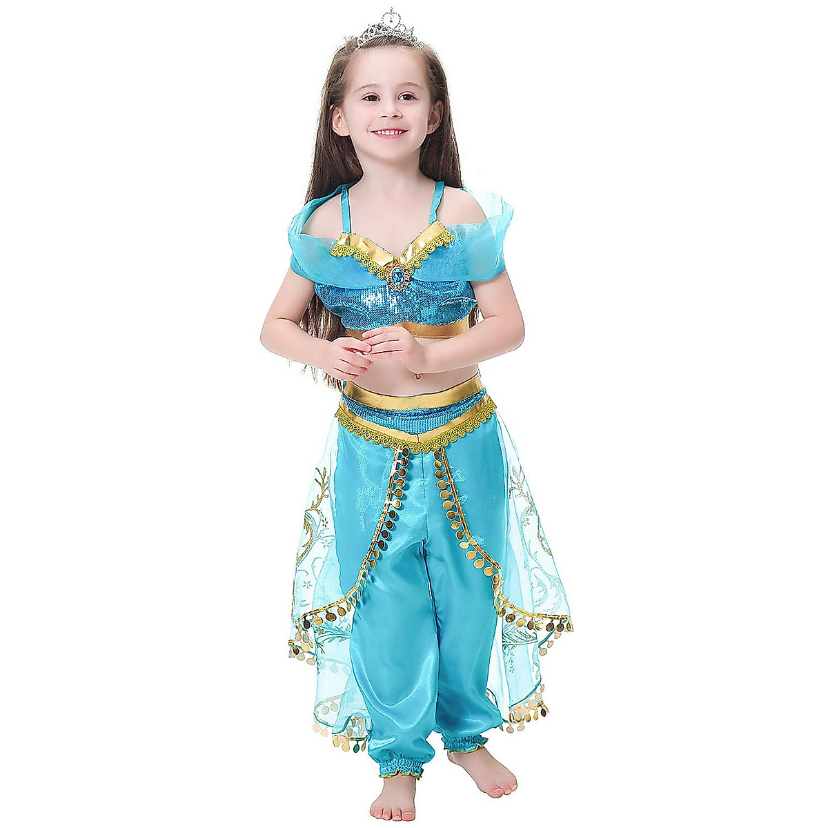 Tacobear Jasmine Costume for Girls Arabian Sequined Jasmine Dress up with Wig Tiara Wand Cosplay for Kids (130(5-6T), 01 Jasmine Costume with Wig)