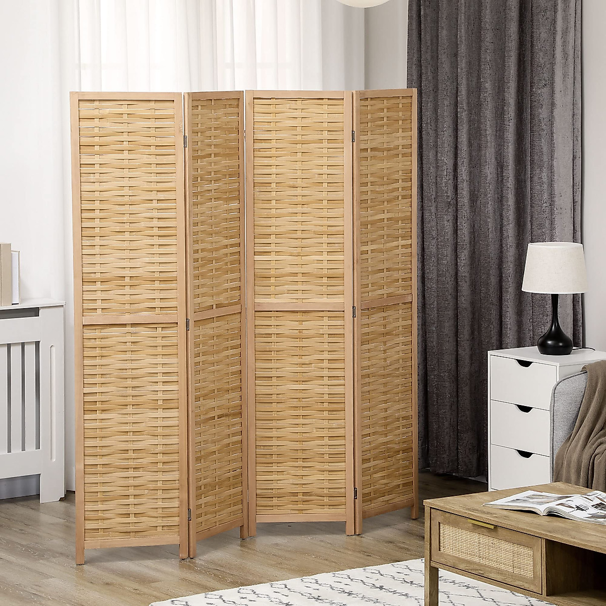 HOMCOM 4 Panel Room Divider, 5.5' Tall Bamboo Portable Folding Privacy Screens, Hand-Woven Double Side Partition Wall Dividers for Home Office, Natural