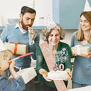 8pcs 60th Birthday Gifts Decorations for Women, Including 60th Happy Birthday Cake Toppers, Birthday Queen Sash with Pearl Pin, Sweet Rhinestone Tiara Crown, Number Candles and Balloons Set, Rose Gold