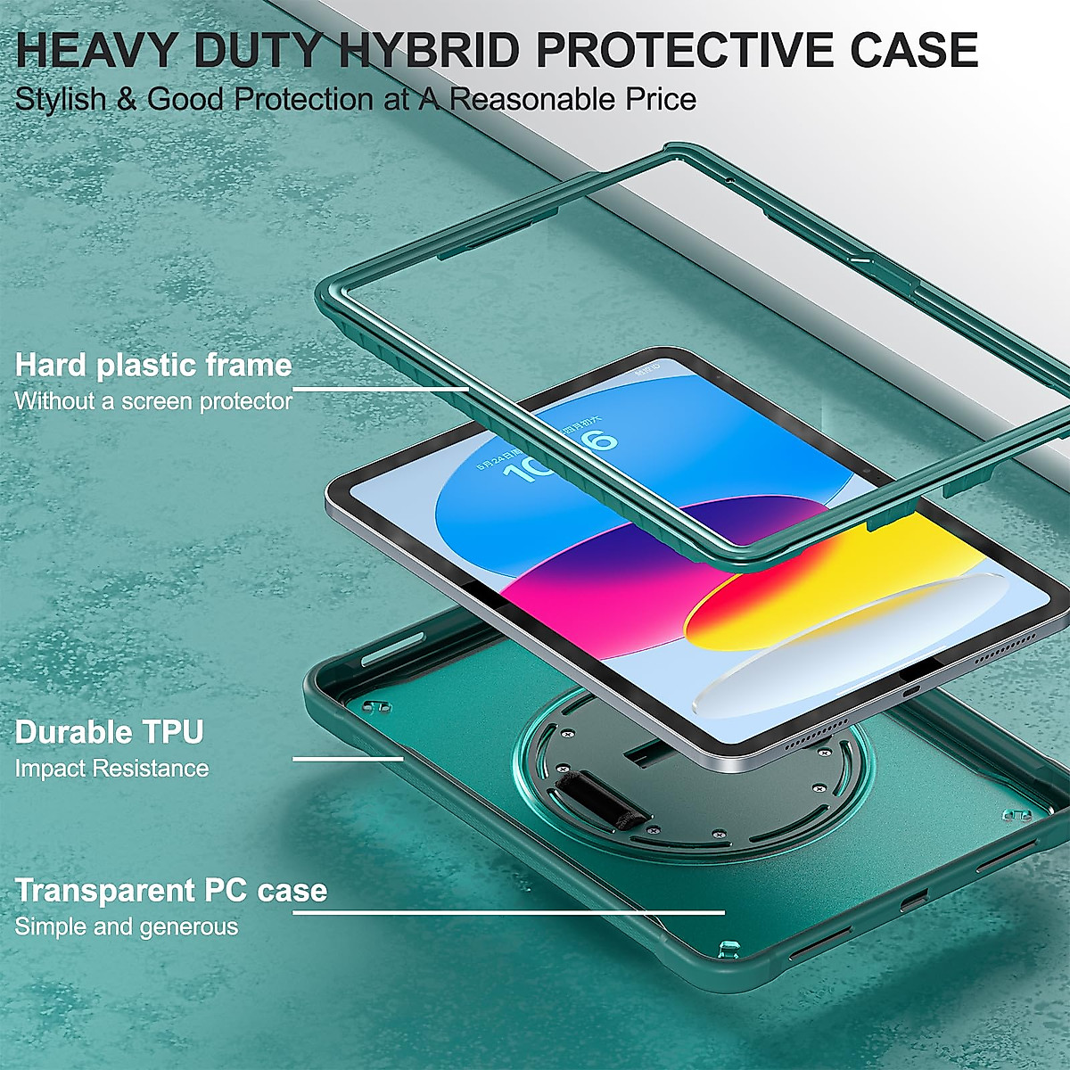 Batianda Case for New iPad 11 2025 A16 Chip/iPad 10th 10.9-inch 2022 Release Heavy Duty Rugged Shockproof Tablet Cover with 360° Rotating Hand Strap Foldable Hidden Stand & Shoulder Strap, Teal