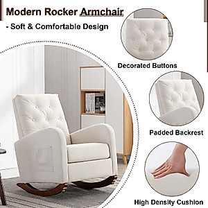 Antetek Modern Accent Rocking Chair, Upholstered Nursery Glider Rocker for Baby and Kids, Comfy Armchair with Pocket, Living Room Lounge Arm Chair, High Backrest with Decorative Buttons, Off White