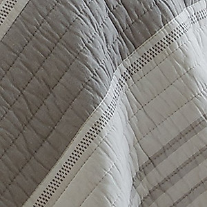 Levtex Home - Nantucket King Quit Set - Striped Coastal - Grey & White - Quilt Set Size 106x92in. and Two Shams 20x36in. - Reversible - Cotton Fabric