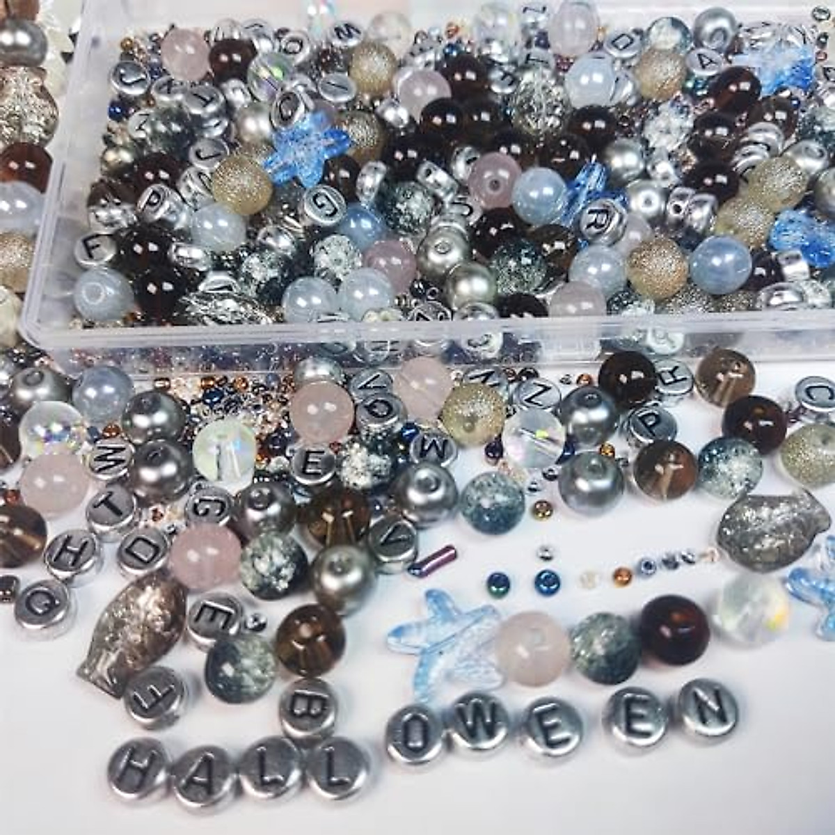 750 Pcs Smoke Gray Glass Beads for Bracelets with 200 Acrylic Letters,Mixed Craft Beads Jewelry Making Kit, Glass Beads Bracelet Making Kit, 8mm Round Cystal Beads with Seed Beads for DIY Working