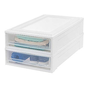 IRIS USA 27.5 Qt Plastic Under Bed Storage Containers with Sliding Organizer Drawers, 4 Pack, Stackable Storage Bins for Clothes, Linens and Shoes, White
