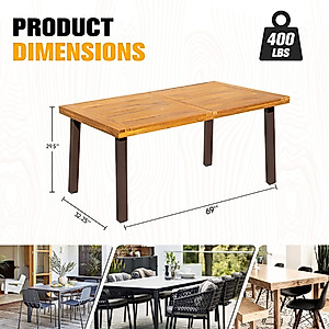 Flamaker Dining Table for 6 Acacia Wood Indoor Outdoor Home Kitchen Table with Iron Legs Large Rectangular Patio Table for Deck, Sunroom