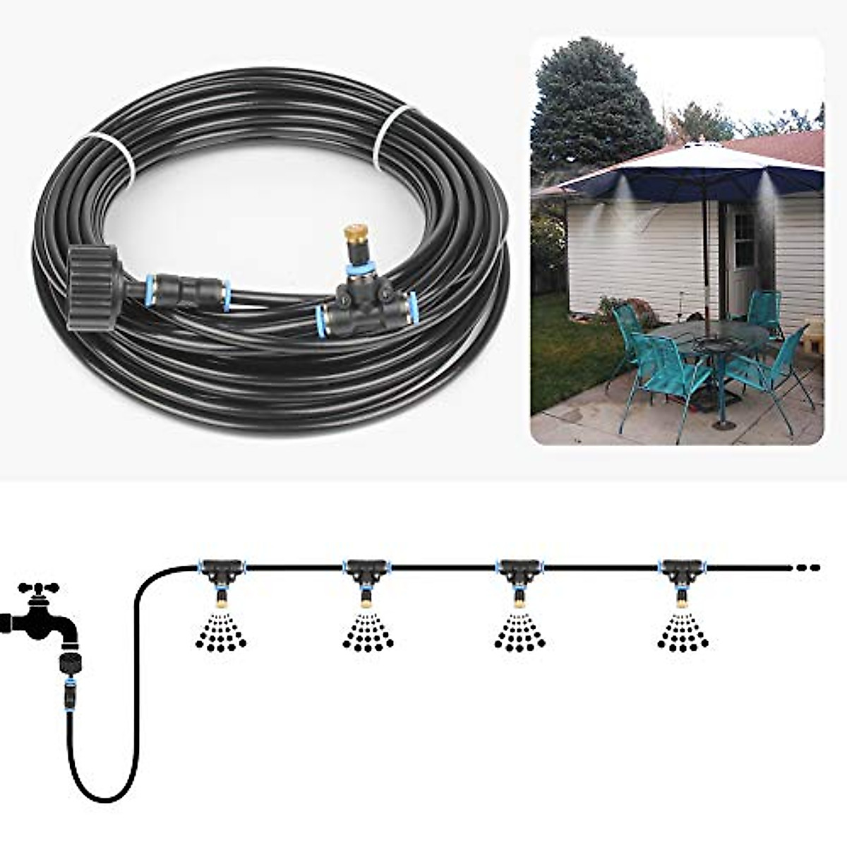 Mister System for Outside Patio - Misting Cooling System - 50 FT (15M) Misting Line + 15pcs Brass Mist Nozzles + a Faucet Connector (3/4" and 1/2") - Patio Misting System for Garden Greenhouse