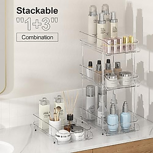 Delamu 2 Sets of 2-Tier Clear Under Sink Organizers and Storage, Multi-Purpose Stackable Bathroom Cabinet organizers, Pull Out Kitchen Pantry Organization and Storage with Dividers