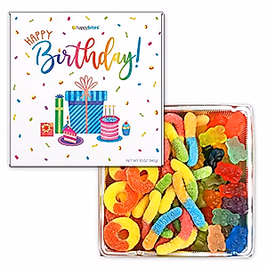 Happy Bites Happy Birthday Gummi Candy Gift Box with Gummi Bears, Sour Neon Gummi Worms, & Peach Gummi Rings - Gluten Free, Fat Free, Dairy Free
