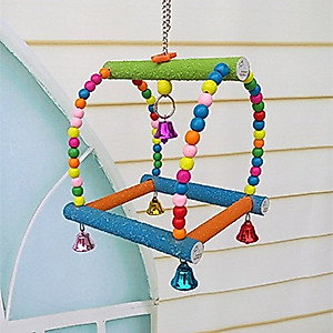 Hypeety Colorful Wooden Swing Bird Toy for Parrot Macaw African Greys Budgies Cockatoo Parakeet Cockatiel Conure Lovebirds Finch Cage Perch Toy Paw Grinding Ladder (S)