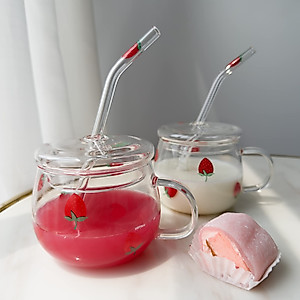 Kreapa strawberry glass cup 2 Sets cute strawberry Clear Glass Mug with Lid and Straw. Strawberry cups with cute strawberry roller stuff pattern decor glass bottle for Juice water milk coffee tea