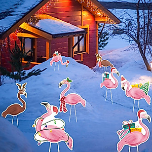 8 Pieces Flamingo Christmas Yard Signs Stakes Pink Flamingo Lawn Decorations Summer Tropical Flamingo Yard Decorations for Outdoor Garden Home Xmas Party