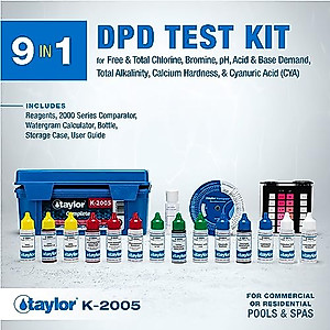 Taylor K-2005 Complete DPD High Range, 9-in-1 Pool & Spa Test Kit for Free & Total Chlorine, Bromine, pH, Acid & Base Demand, Total Alkalinity, Calcium Hardness, Cyanuric Acid | Made in The USA