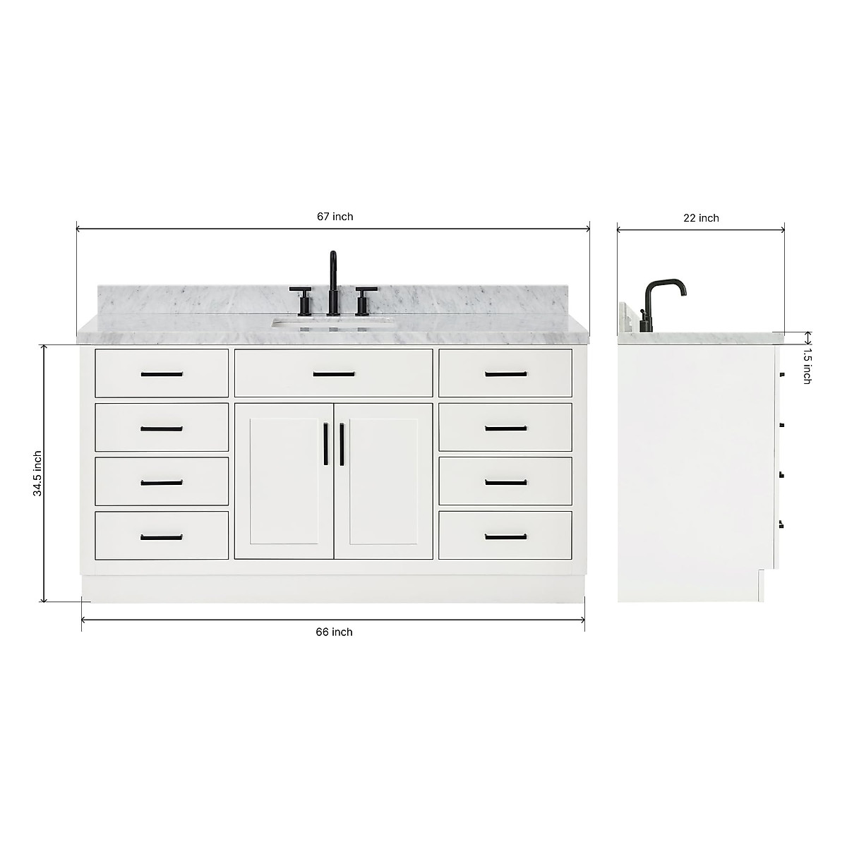 ARIEL 67" White Bathroom Vanity, 1.5" Edge Italian Carrara Marble Countertop & Splash, Single Rectangular Sink, 2 Soft Closing Doors, 9 Full Extension Dovetail Drawers, Toe Kick, Matte Black