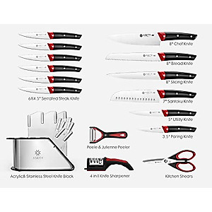 ASETY Kitchen Knife Set with Block- NSF Food-Safe 17 PCS Modern Knives Full Tang German Stainless Steel Chef Knife Set with 4-in-1 Knife Sharpener and 2x Peeler- Ergonomic Handle and Gift Box