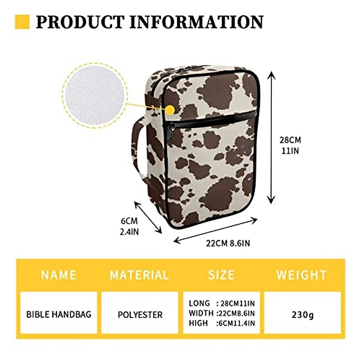 Veniyate Brown Cow Pattern Bible Cover Case Book Bag for Women Bible Case with Handle, Zipper Pocket Bible Tote Bag Church Handbags Christian Gifts
