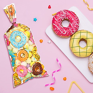 PerKoop 100 Pieces Donut Candy cellophane Bags Sweet Doughnut Treat favor Goodie Bags with 150 Pieces Twist Ties for Donut Birthday Party Supplies, 5 x 11 Inches