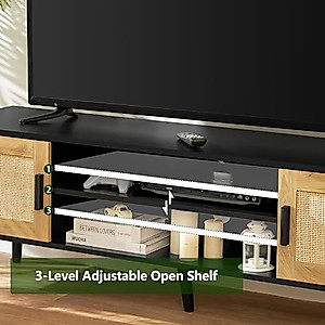 Quimoo Rattan TV Stand for 70 Inch TV, Entertainment Center, TV Console with Adjustable Shelf & 2 Cabinets, TV Stands for Living Room, Bedroom, Black+Natural