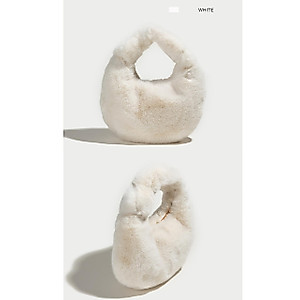 White Soft Knotted Bag Fuzzy Dumpling Bag, Cute Fluffy Bags Y2k, Cute Mini Handbags, Faux Fur Hobo Bag with Zipper