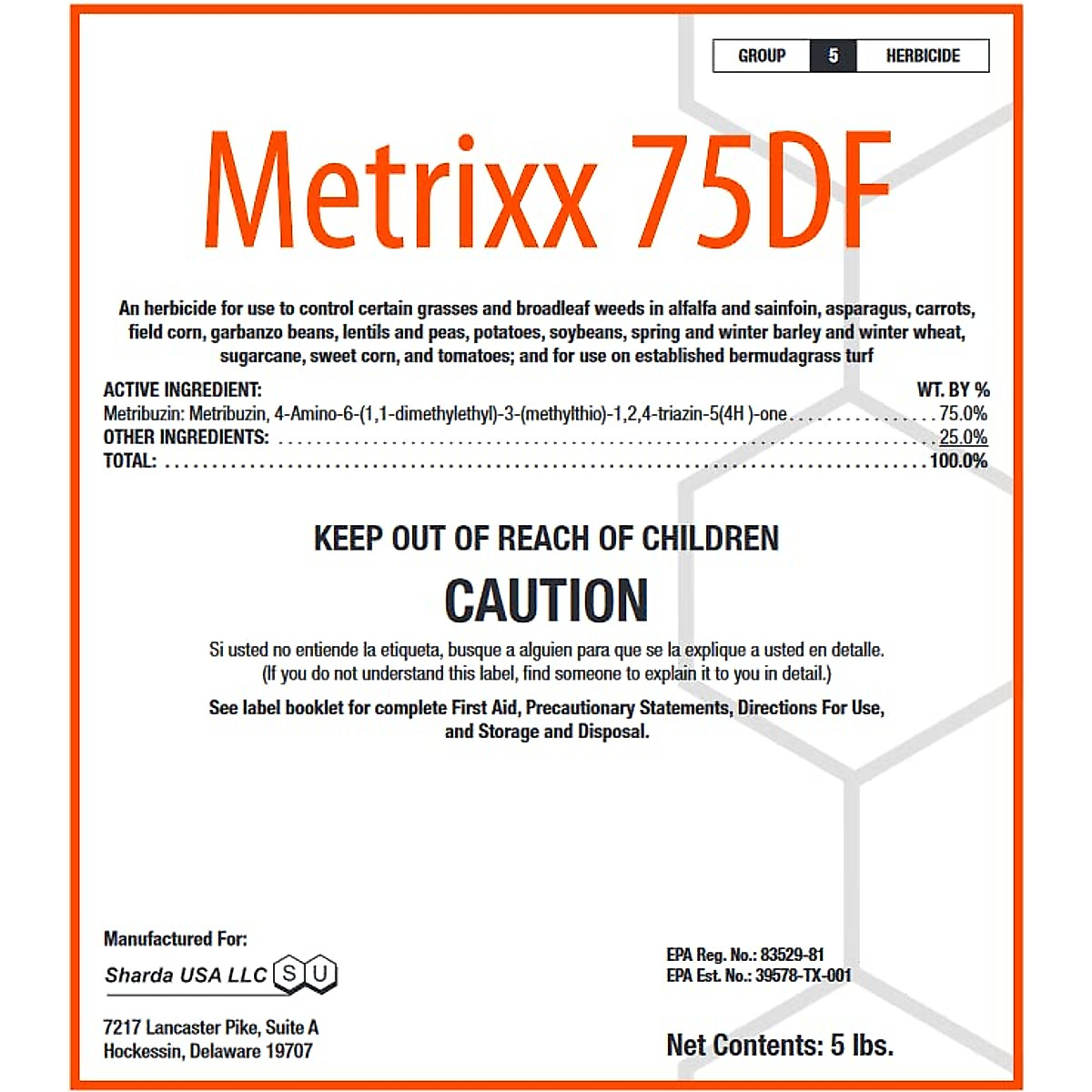 Metrixx 75 DF (5 lbs.) by Sharda (Compare to Sencor 75 DF) - Effective Management of Vigorous Weeds in dormant and actively Growing Bermudagrass Turf- Metribuzin 75%