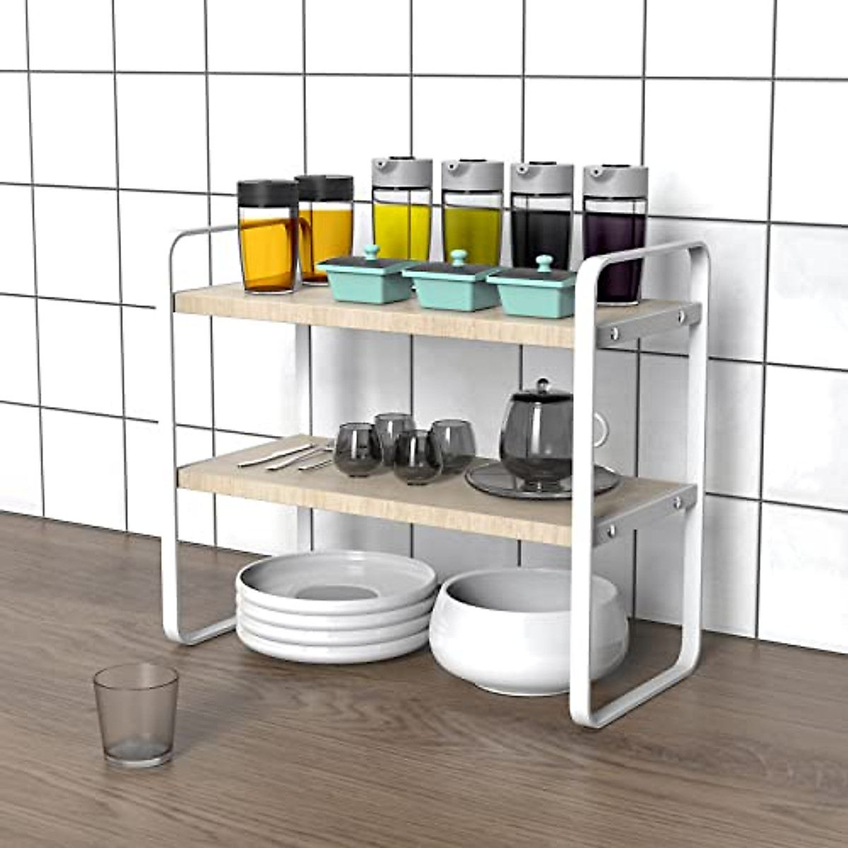 Modern 2 Tier Metal and Wood Storage Shelf - Multi-Purpose Bookshelf and Organizer for Home and Office - Easy Assembly, Stylish and Space-Saving Design in Black