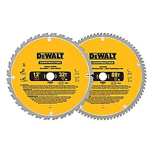 DEWALT 12-Inch Miter Saw Blade, Crosscutting, Tungsten Carbide, 80-Tooth, 2-Pack (DW3128P5)