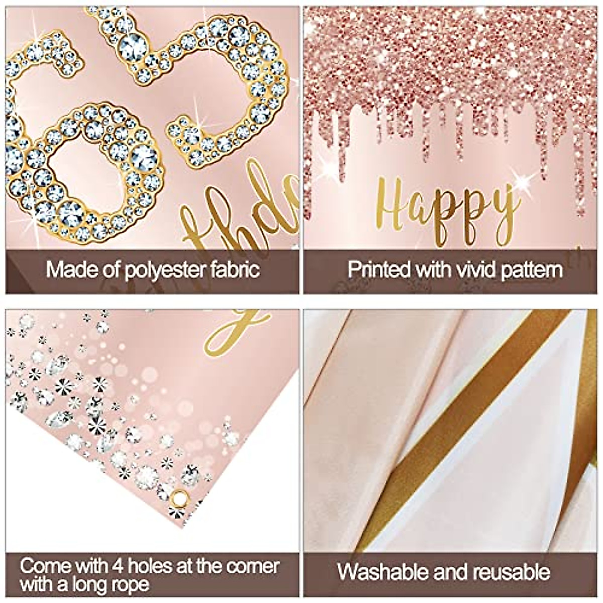 65th Birthday Decorations Door Banner for Women, Pink Rose Gold Happy 65 Birthday Backdrop Party Supplies, 65 Year Old Birthday Poster Door Cover Sign Decor