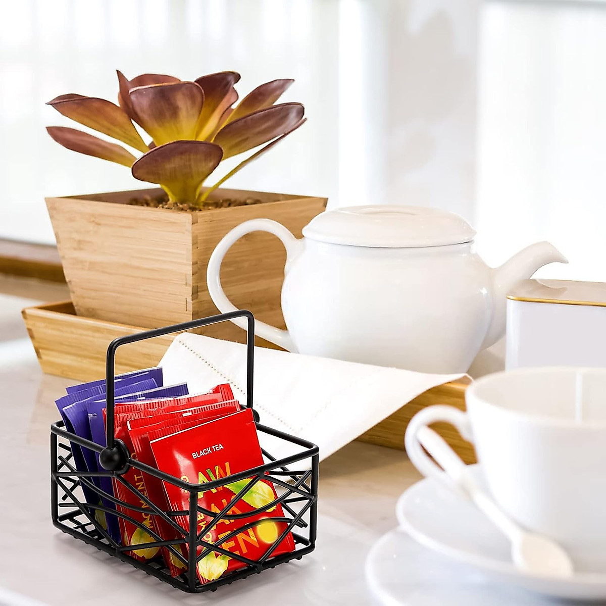 Yarlung 2 Pack Sugar Packet Basket Metal Wire Tea Bag Holder with Removable Stylish Handle, 4.7x3.5x2.5 Inches Coffee Bar Packet Coffee Pod Holder for Coffee Table, Office, Elegant Black