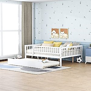 Vierniya Kid Bed with Fence and Trundle Full Size Trundle Bed with Rails, Wooden Toddler Daybed Montessori Bed for Boys Girls, White