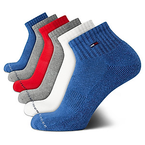 Tommy Hilfiger Men's Quarter Socks - 6 Pack Cushioned Men's Athletic Ankle Socks - Breathable Sports Socks for Men (7-12), Size 7-12, Assorted