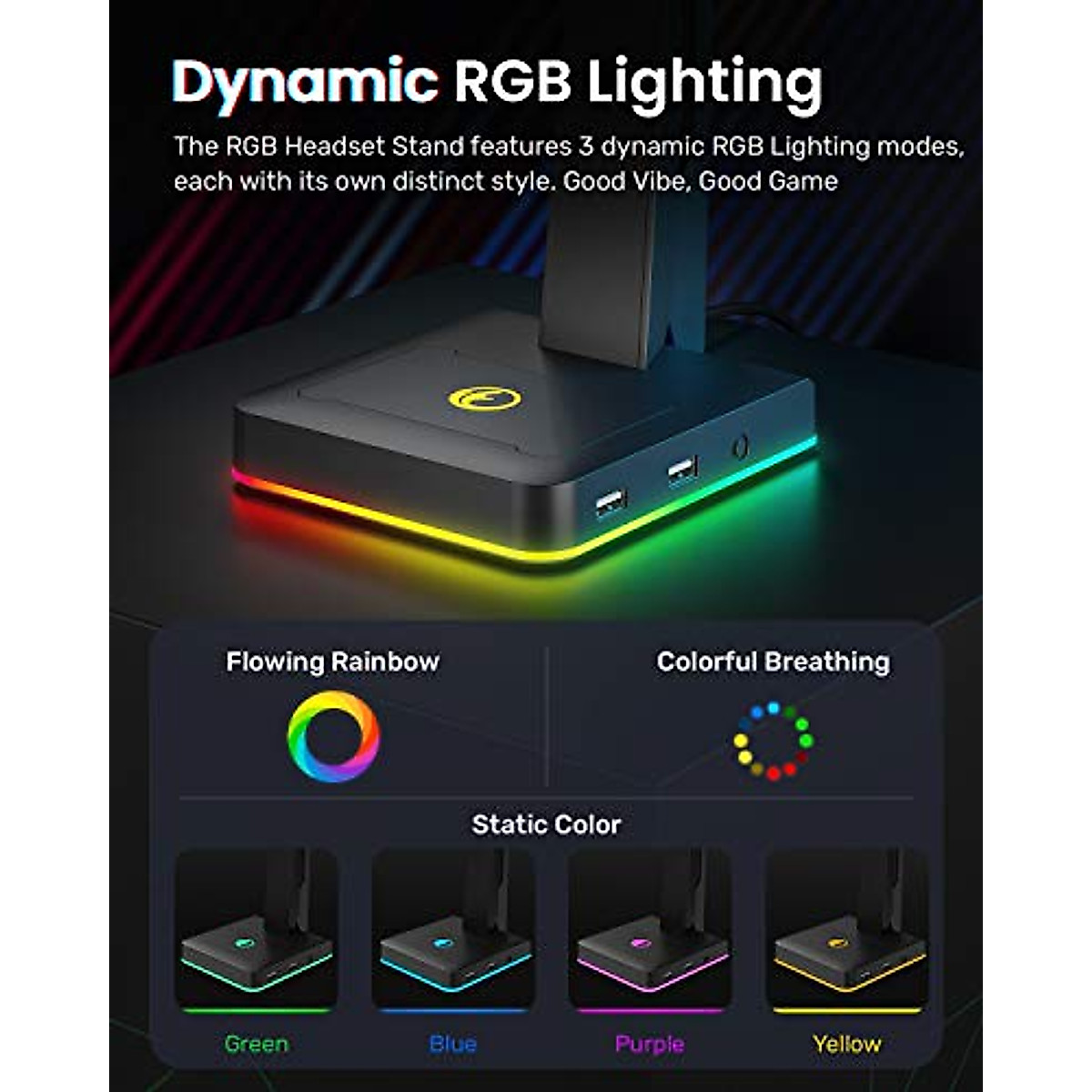 IFYOO RGB Gaming Headset Stand with 2 USB Ports, Game Headphone Mount for PC, Xbox One, PS4, Switch, Earphone Holder Hanger, Great for Gaming Stations, Fancy Desk Gamer Accessories, Black