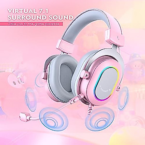 FIFINE PC Gaming Headset, USB Wired Headset with Microphone, 7.1 Surround Sound, in-Line Control, Computer RGB Over-Ear Headphones for PS4/PS5, for Streaming/Game Voice/Video-AmpliGame H6 (Pink)