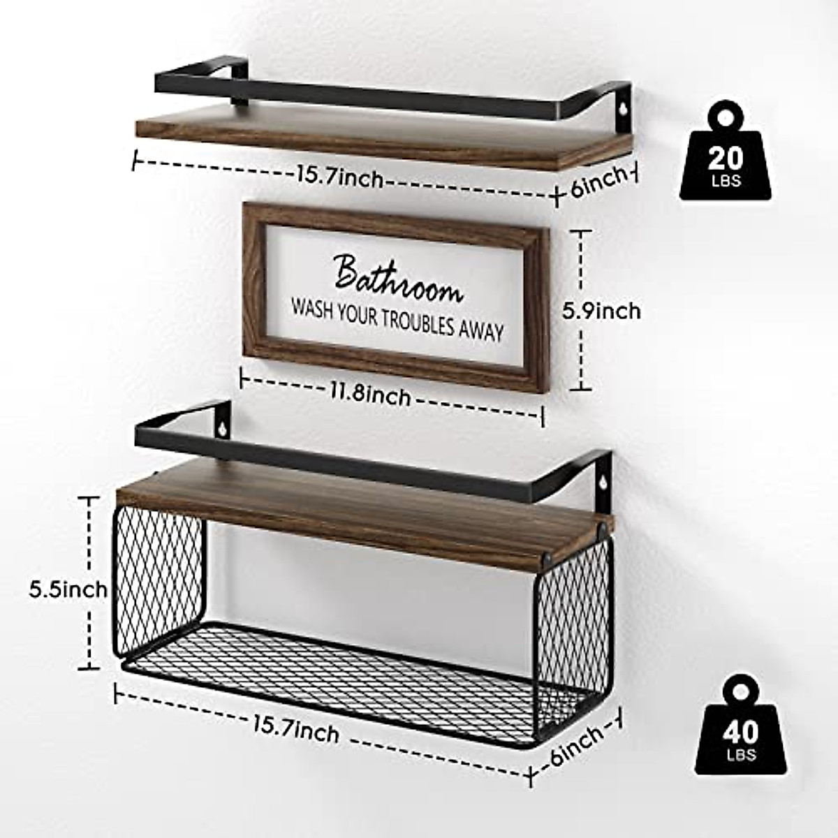 Floating Shelves, Bathroom Shelves Over Toilet with Wall Décor Sign, Wood Wall Shelves with Protective Metal Guardrail & Paper Storage Basket for Bathroom, Bedroom, Living Room, Kitchen (Black Walnut)
