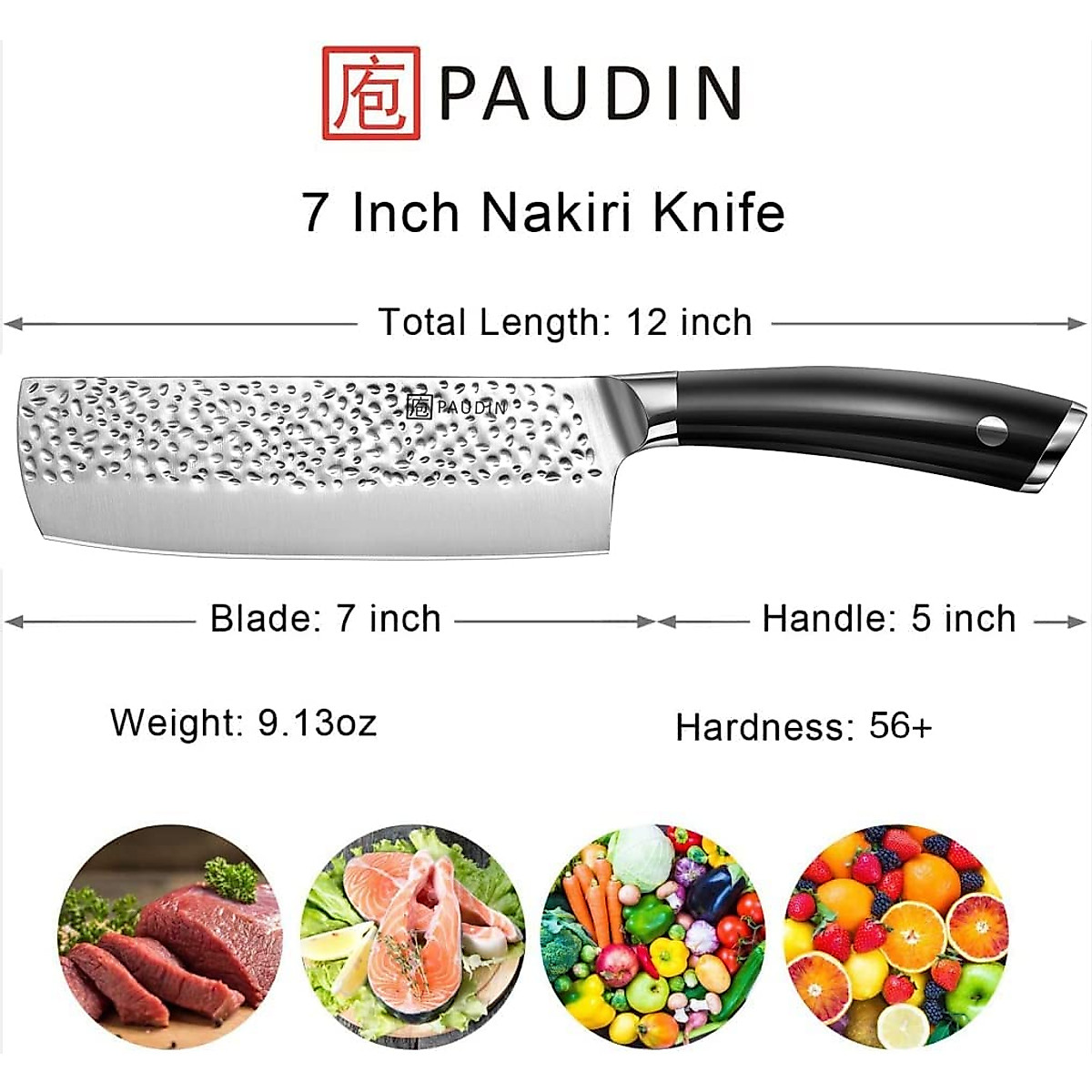PAUDIN Nakiri Knife, High Carbon Stainless Steel Cleaver Knife 7 Inch Forged Blade, Super Sharp Edge Meat Cleaver with Ergonomic Black Full Tang ABS Handle, Vegetable Knife for Home and Kitchen