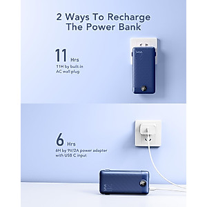 VRURC Portable Charger 20000mAh, Fast Charging Power Bank USB C,4 Output 2 Input Charging Bank Equipped with LED Display,Built-in Wall Plug and Cables,Cell Phone Replacement Battery,Blue