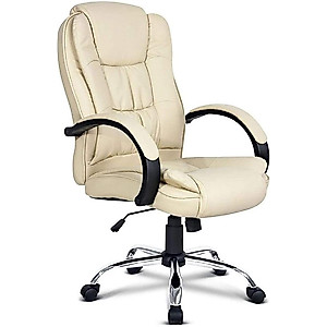 Halter Large Computer Desk Chair with Lumbar Support and Padded Arm Rests, Ergonomic Swivel Chairs, Comfortable Study Gaming Chair, Adjustable Home Office Chair, Rolling Executive Leather Chair, Beige