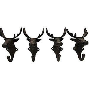 Coat Hat Hooks, 6.5" Cast Iron Moose Head Vintage Antique Style Hangers Set of 4