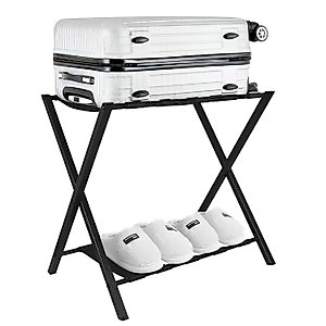 H-A Folding Luggage Rack Suitcase Stand with Storage Shelf for Guest Room Bedroom Hotel, Black (1 Pack)