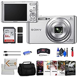 Sony DSC-W830 Digital Camera (Silver) (DSC-W830) + NP-BN1 Battery + Case + Charger + 64GB Card + Card Reader + Corel Photo Software + Flex Tripod + Micro USB Cable + Memory Wallet + Cleaning Kit