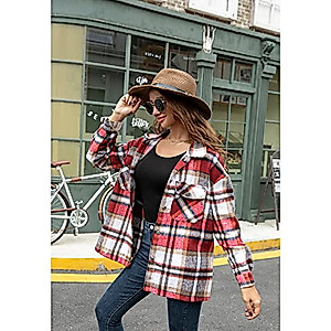 Women Classic Flannel Plaid Jacket Button Down Boyfriend Long Sleeve Lapel Shirts Casual Blouses Tops (Red, Small)
