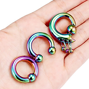 4G Earrings Internally Threaded Circular Barbells Horseshoe PA Rings Captive Bead Rings Dangle Spring Action CBR Surgical Steel Monster Screwball Rings Body Piercing Rings for Women Men Rainbow