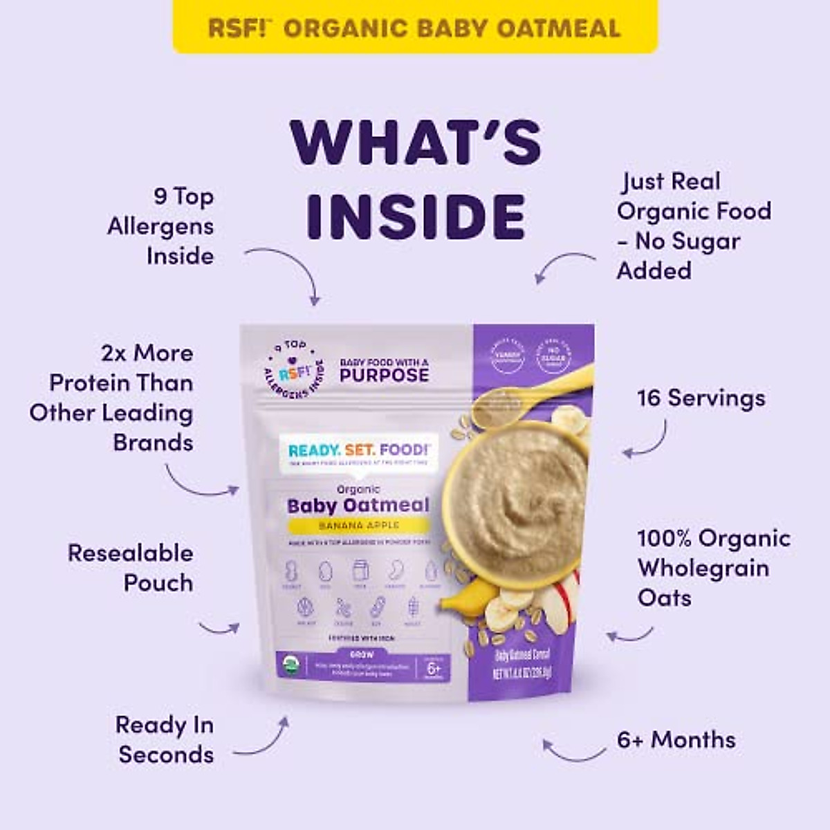Ready, Set, Food! Organic Baby Oatmeal Cereal | Banana Apple | Organic Baby Food with 9 Top Allergens: Peanut, Egg, Milk, Cashew, Almond, Walnut, Sesame, Soy & Wheat | Unsweetened | Fortified with Iron | 15 Servings