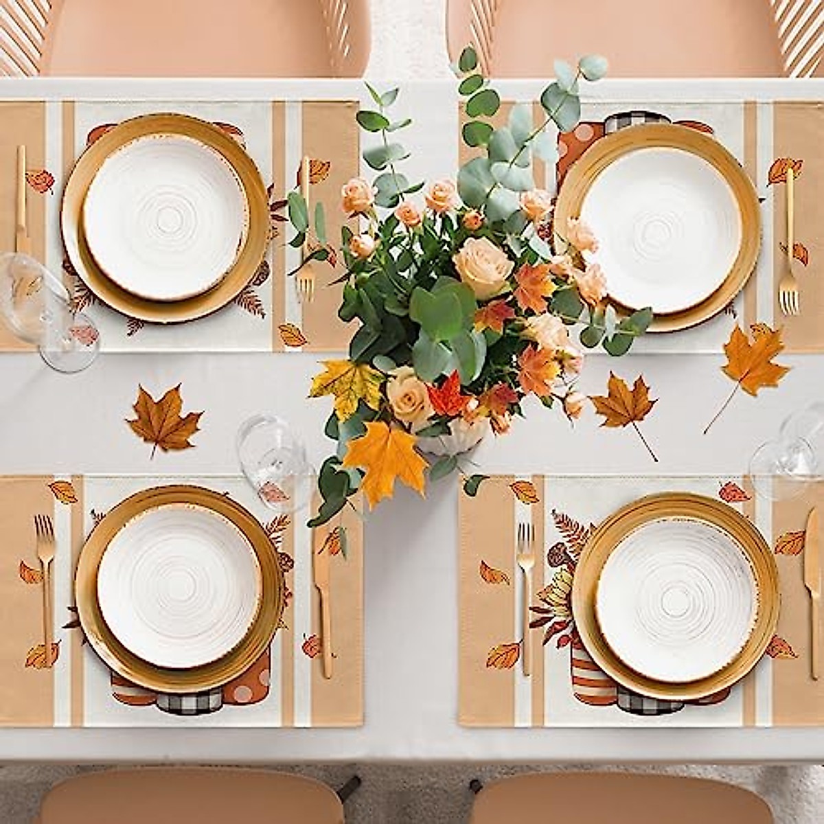 Seliem Fall Pumpkin Sunflower Placemats Set of 4, Autumn Leaves Flower Buffalo Plaid Mason Jar Farmhouse Dining Table Place Mats, Thanksgiving Seasonal Kitchen Decor Party Home Decoration 12x18 Inch
