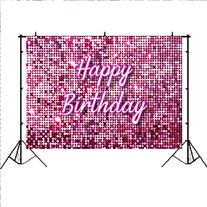 Lofaris Pink Flash Square Backdrop for Photography Happy Birthday Shinning Sequin Wall Panels Shimmer Wall Sweet 16 Girl Woman 20th 30th 40th Party Background Decorations Photo Studio Props 7x5ft