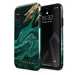 BURGA Phone Case Compatible with iPhone X/XS - Hybrid 2-Layer Hard Shell + Silicone Protective Case -Emerald Green Jade Stone High Luxury Gold Glitter Marble - Scratch-Resistant Shockproof Cover